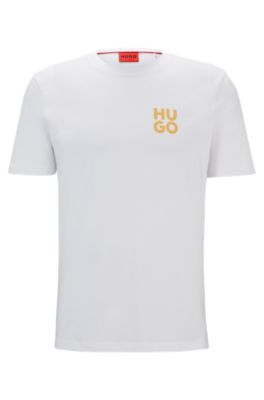 HUGO - Cotton-jersey T-shirt with stacked logo print - White