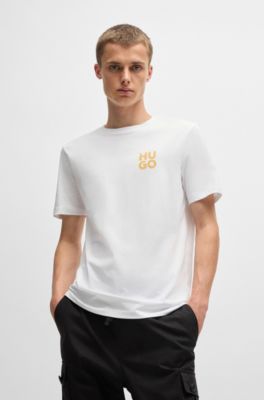 HUGO - Cotton-jersey T-shirt with stacked logo print - White