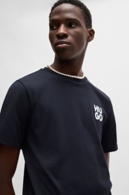 HUGO - Cotton-jersey T-shirt with stacked logo print - Dark Blue