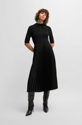 BOSS - Cropped-sleeve dress with plissé skirt