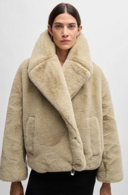 BOSS - Cropped coat in plush teddy fabric - Light Beige