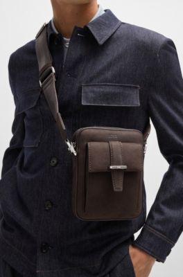 BOSS - Leather reporter bag with branded trims - Dark Brown
