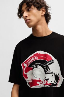 HUGO - HUGO x RB oversize-fit cotton T-shirt with racing print - Black