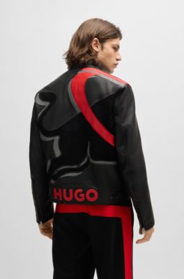 HUGO - HUGO x RB slim-fit leather jacket with signature bull motif - Black
