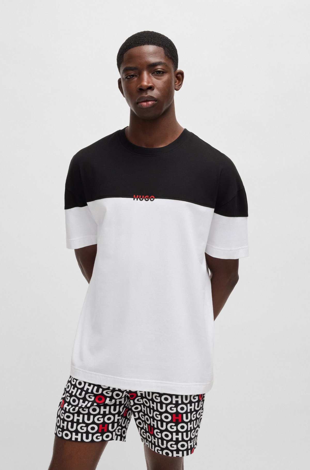 HUGO - Stretch-cotton pajama T-shirt with color-blocking - Black HUGO - Stretch-cotton pajama T-shirt with color-blocking - Black