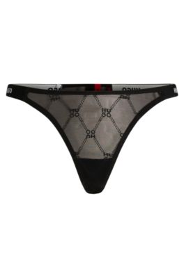 HUGO - Branded-elastic thong with stacked logos - Black