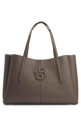 BOSS - Grained faux-leather tote bag with Double B monogram - Brown