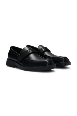HUGO - Leather loafers with branded riptape strap - Black