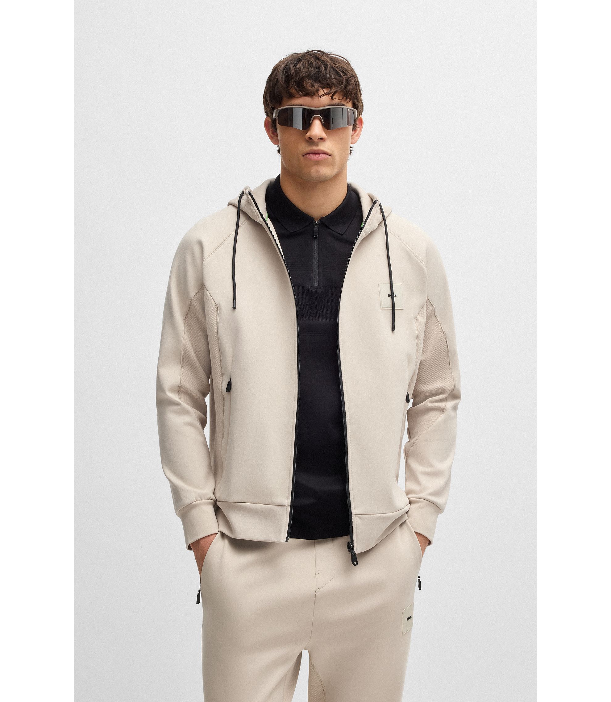 BOSS - Zip-up hoodie with logo patch - Light Beige BOSS - Zip-up hoodie with logo patch - Light Beige