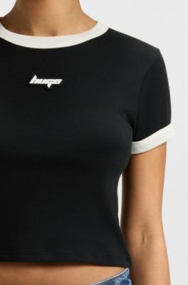 HUGO - Cropped ringer T-shirt in cotton with graphic print - Black