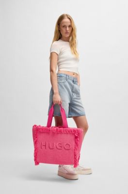 HUGO - Logo-embroidered raffia-effect tote bag with fringe trims - Pink