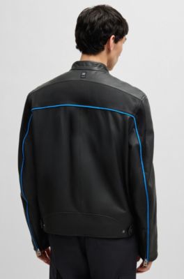 HUGO - HUGO x RB slim-fit leather jacket with mesh logo - Black
