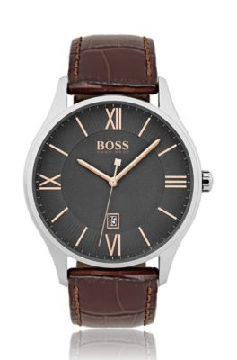BOSS - Polished stainless-steel watch with gray two-level dial and ...