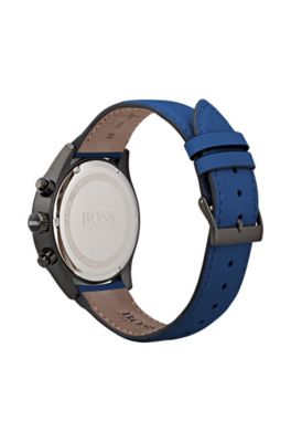 BOSS - Black-dial watch with blue perforated leather strap