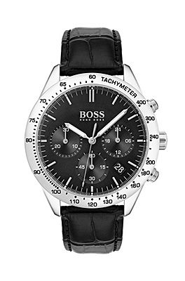 BOSS - Black-dial chronograph watch with embossed leather strap