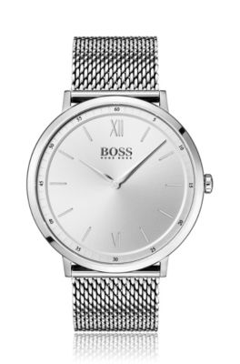 BOSS - Polished stainless-steel watch with mesh bracelet