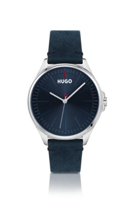 HUGO - Distressed-leather-strap watch with blue dial
