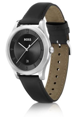 BOSS - Leather-strap watch with black dial