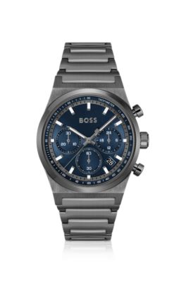 BOSS - Grey-plated chronograph watch with blue dial