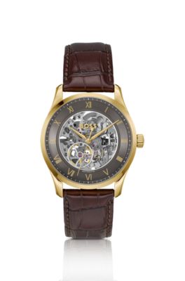 BOSS - Gold-tone automatic watch with skeleton dial