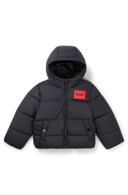 HUGO - Kids' water-repellent puffer jacket with red logo label - Black